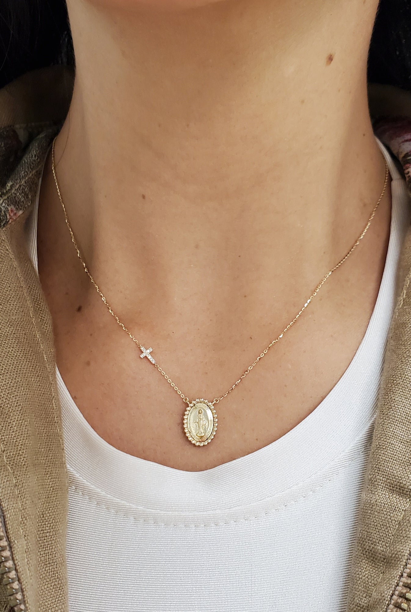 Small Beaded Miraculous Medal Necklace with a Diamond Accent Cross ...